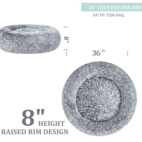 Poohoo Calming Faux Fur Donut Cuddler Dog Bed,Washable Round Cat Bed Pillow Cuddler Gradient Color(23"/30") for Small Medium Large Dogs (XL 36", Grey)