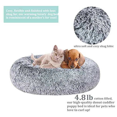 Poohoo Calming Faux Fur Donut Cuddler Dog Bed,Washable Round Cat Bed Pillow Cuddler Gradient Color(23"/30") for Small Medium Large Dogs (XL 36", Grey)