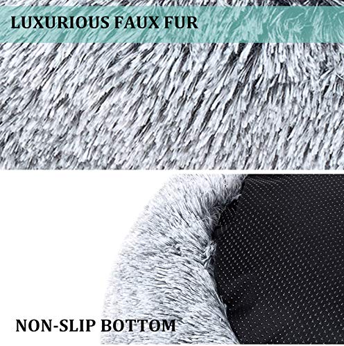 Poohoo Calming Faux Fur Donut Cuddler Dog Bed,Washable Round Cat Bed Pillow Cuddler Gradient Color(23"/30") for Small Medium Large Dogs (XL 36", Grey)