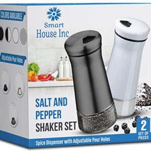 The Original Salt and Pepper Shakers set - Black & White - Spice Dispenser with Adjustable Pour Holes - Stainless Steel & Glass - Set of 2 Bottles