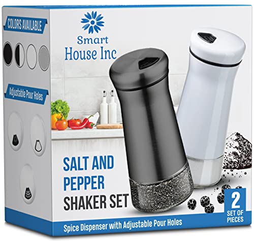 The Original Salt and Pepper Shakers set - Black & White - Spice Dispenser with Adjustable Pour Holes - Stainless Steel & Glass - Set of 2 Bottles