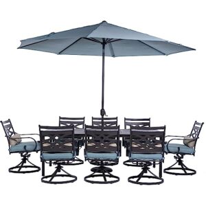 hanover montclair 9-piece all-weather outdoor patio dining set, 8 swivel rocker chairs with comfortable seat and lumbar cushions, 84"x42" stamped rectangle table, umbrella, and umbrella base