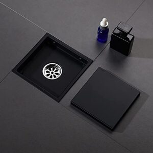 DEOKXZ 6 Inch Black Square Shower Floor Drain, with Removable Grille Cover Tile Insert Hidden Form, SUS304 Stainless Steel