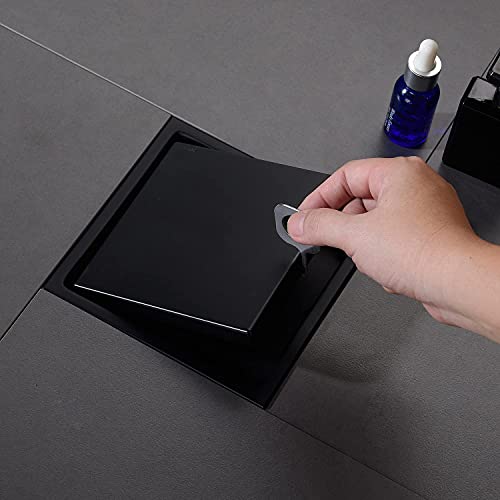 DEOKXZ 6 Inch Black Square Shower Floor Drain, with Removable Grille Cover Tile Insert Hidden Form, SUS304 Stainless Steel