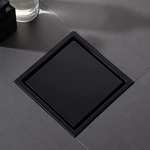 DEOKXZ 6 Inch Black Square Shower Floor Drain, with Removable Grille Cover Tile Insert Hidden Form, SUS304 Stainless Steel