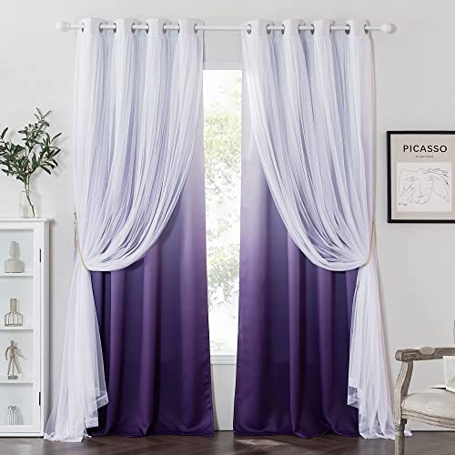 PONY DANCE Purple Curtains for Bedroom - Double-Layered White and Lilac Ombre Blackout for Living Room, Room Darking,52 x 84 Inch, 2 Pieces