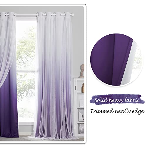 PONY DANCE Purple Curtains for Bedroom - Double-Layered White and Lilac Ombre Blackout for Living Room, Room Darking,52 x 84 Inch, 2 Pieces