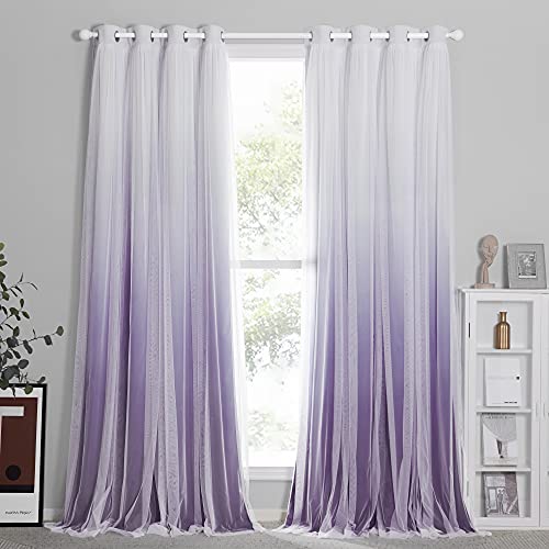 PONY DANCE Purple Curtains for Bedroom - Double-Layered White and Lilac Ombre Blackout for Living Room, Room Darking,52 x 84 Inch, 2 Pieces