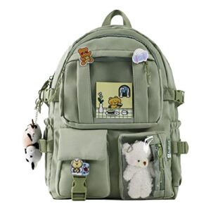 aomoon kawaii backpack lovely pastel rucksack for teen girls aesthetic student bookbags with kawaii pin and cute accessories (green-c)