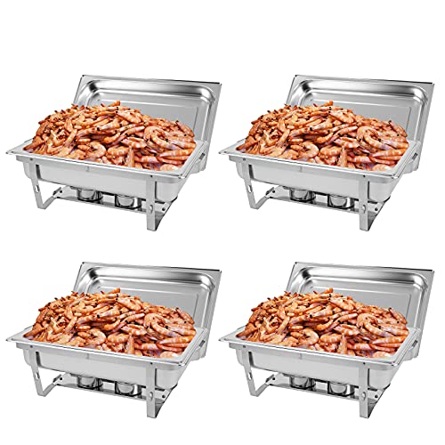 Restlrious 8 QT Chafing Dish Buffet Set 4 Packs Stainless Steel Foldable Rectangular Chafer Full Size w/Water Pan, Food Pan, Fuel Holder and Lid