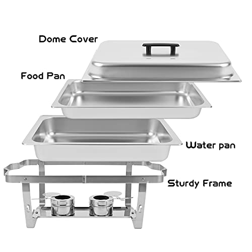 Restlrious 8 QT Chafing Dish Buffet Set 4 Packs Stainless Steel Foldable Rectangular Chafer Full Size w/Water Pan, Food Pan, Fuel Holder and Lid