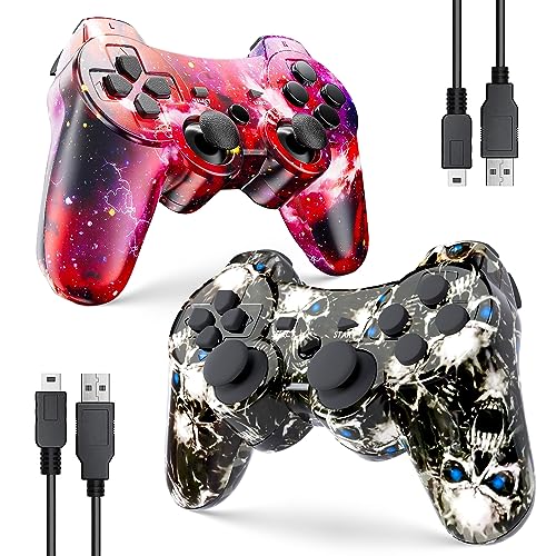 PS3 Controller Wireless, High Performance Controller with Upgraded Joystick for PlayStation 3, 2 USB Charging Cords (Red Star, Black Ghost)