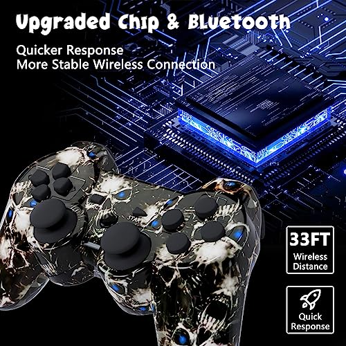 PS3 Controller Wireless, High Performance Controller with Upgraded Joystick for PlayStation 3, 2 USB Charging Cords (Red Star, Black Ghost)