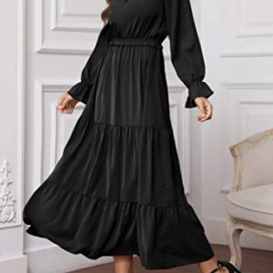 KIRUNDO Women's 2023 Fall Long Sleeve Tie Crew Neck Maxi Dress Casual Empire Waist Boho Ruffle Flowy Long Dresses(Black, Medium)