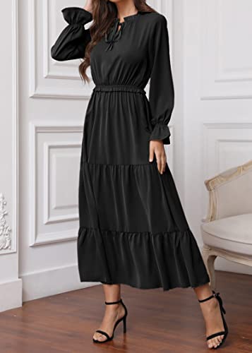 KIRUNDO Women's 2023 Fall Long Sleeve Tie Crew Neck Maxi Dress Casual Empire Waist Boho Ruffle Flowy Long Dresses(Black, Medium)