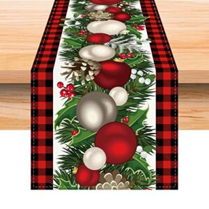 linen red and black buffalo check plaid christmas table runner 72 inches long seasonal winter christmas xmas holiday farmhouse style table decoration