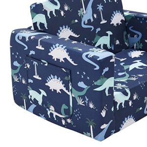 Ulax Furniture Children Sofa Chair Kids FILP-Out Chair Convertible Sofa to Sleeper Couch (Navy Dinosaur)