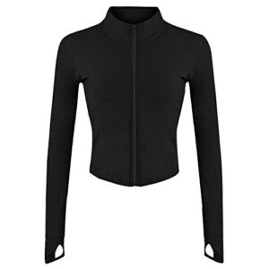 lviefent womens lightweight full zip running track jacket workout slim fit yoga sportwear with thumb holes (black, medium)