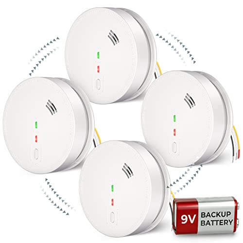 SITERWELL Hardwired Interconnected Smoke Detector, Photoelectric Smoke Alarm with 9V Backup Battery, Fire Alarm with Test/Silence Button, GS517, 4 Packs