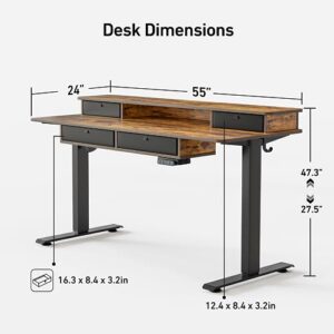 FEZIBO Height Adjustable Electric Standing Desk with 4 Drawers, 55 x 24 Inch Table with Storage Shelf, Sit Stand Desk with Splice Board, Black Frame/Rustic Brown Top, 55 inch