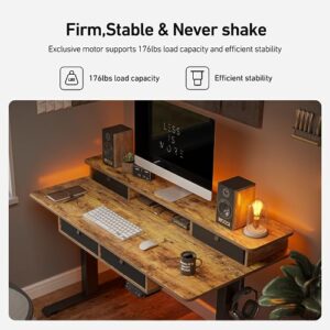 FEZIBO Height Adjustable Electric Standing Desk with 4 Drawers, 55 x 24 Inch Table with Storage Shelf, Sit Stand Desk with Splice Board, Black Frame/Rustic Brown Top, 55 inch