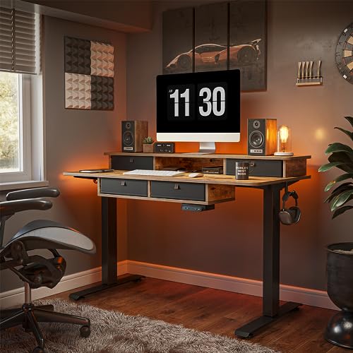 FEZIBO Height Adjustable Electric Standing Desk with 4 Drawers, 55 x 24 Inch Table with Storage Shelf, Sit Stand Desk with Splice Board, Black Frame/Rustic Brown Top, 55 inch