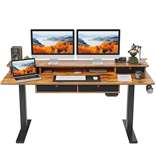 FEZIBO Height Adjustable Electric Standing Desk with 4 Drawers, 63 x 24 Inch Table with Storage Shelf, Sit Stand Desk with Splice Board, Black Frame/Rustic Brown Top, 63 inch