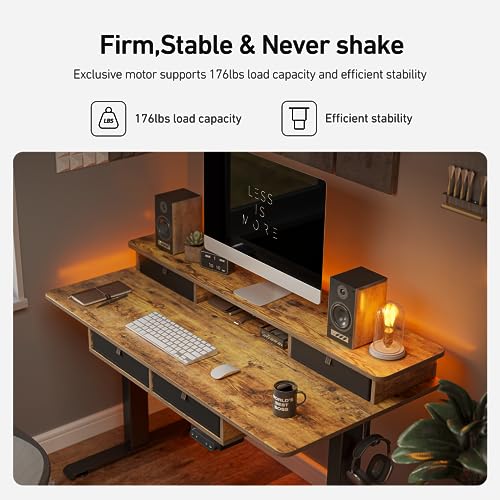 FEZIBO Height Adjustable Electric Standing Desk with 4 Drawers, 63 x 24 Inch Table with Storage Shelf, Sit Stand Desk with Splice Board, Black Frame/Rustic Brown Top, 63 inch