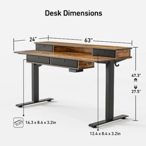 FEZIBO Height Adjustable Electric Standing Desk with 4 Drawers, 63 x 24 Inch Table with Storage Shelf, Sit Stand Desk with Splice Board, Black Frame/Rustic Brown Top, 63 inch