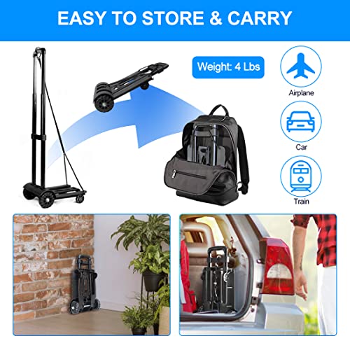 110 LBS Light weight Folding Hand Truck, Small Cart with 2 Wheels Portable Dolly for Moving Collapsible Luggage Cart with Bag and 2 Elastic Ropes Utility Cart Push Cart for travel Shopping Home Office