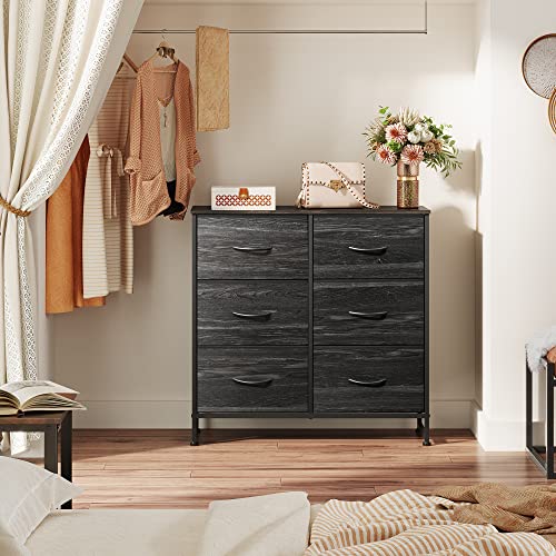 WLIVE Fabric Dresser for Bedroom, 6 Drawer Double Dresser, Storage Tower with Fabric Bins, Chest of Drawers for Closet, Living Room, Hallway, Nursery, Charcoal Black Wood Grain Print