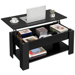 yaheetech wooden coffee table, lift top coffee table with large hidden storage shelf, lift tabletop dining table for living room, home small space, 38.6in, black