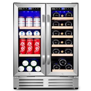 wine and beverage refrigerator,velieta 24 inch dual zone fridge with glass door, built-in cooler with powerful and quite cool system/18 bottles and 88 cans capacity, stainless steel silver (kmyl120)