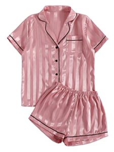 umenlele women's silky satin striped pajamas short sleeve top with shorts sleepwear pj set pink small