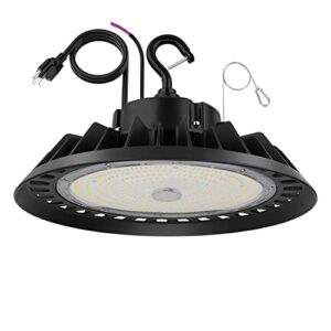 bft ufo led high bay light 150w 22500lm 0-10v dimmable 5000k,600w hid/hps replacement,5' cable with plug,ul certified driver ip65 hanging hook,shop lights for warehouse garage gym,workshop