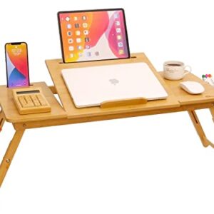 Laptop Desk for Bed, COIWAI Bamboo Lap Desk with Tablet Slot Adjustable Height Angle Foldable Storage Drawer Portable Tray Table Stand for Netebook Computer Breakfast Work Study Reading Writing Large