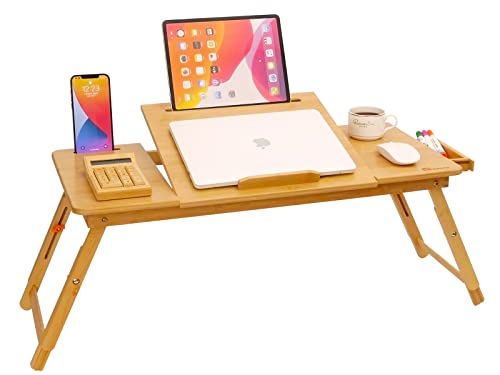 Laptop Desk for Bed, COIWAI Bamboo Lap Desk with Tablet Slot Adjustable Height Angle Foldable Storage Drawer Portable Tray Table Stand for Netebook Computer Breakfast Work Study Reading Writing Large