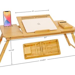 Laptop Desk for Bed, COIWAI Bamboo Lap Desk with Tablet Slot Adjustable Height Angle Foldable Storage Drawer Portable Tray Table Stand for Netebook Computer Breakfast Work Study Reading Writing Large