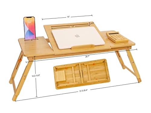 Laptop Desk for Bed, COIWAI Bamboo Lap Desk with Tablet Slot Adjustable Height Angle Foldable Storage Drawer Portable Tray Table Stand for Netebook Computer Breakfast Work Study Reading Writing Large