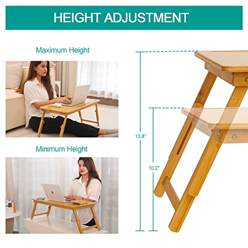 Laptop Desk for Bed, COIWAI Bamboo Lap Desk with Tablet Slot Adjustable Height Angle Foldable Storage Drawer Portable Tray Table Stand for Netebook Computer Breakfast Work Study Reading Writing Large