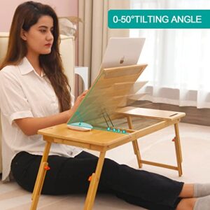 Laptop Desk for Bed, COIWAI Bamboo Lap Desk with Tablet Slot Adjustable Height Angle Foldable Storage Drawer Portable Tray Table Stand for Netebook Computer Breakfast Work Study Reading Writing Large