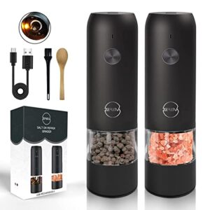 electric salt and pepper grinder set - usb rechargeable, led lights, black automatic pepper and salt mill grinder set refillable, adjustable coarseness, one hand operation (black 2 pack)