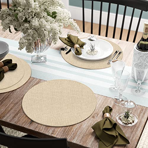 Senneny Round Burlap Placemats Set of 6, Reversible Burlap Jute Place Mats Set for Round Tables, Rustic Farmhouse Decoration for Fall Christmas Holiday Table Home, Light Linen