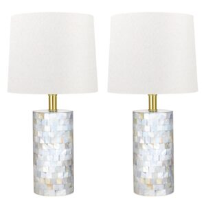 tpamswo modern coastal table lamps set of 2, natural mother of pearl tiles over design cylinder 22" bedside lamp,for bedroom living room home office desk nightstand table lamp