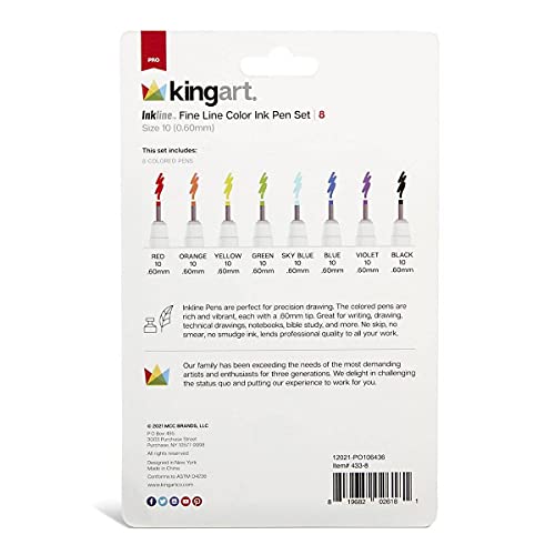 KINGART INKLINE 8 Colors Size 10 (0.60mm) Micro-Pen Fineliner Pen Set Ink Pens, Fine Point Liner Pen, Multi-liner Great for Artist Sketching, Lettering, Journaling, Calligraphy, Drawing