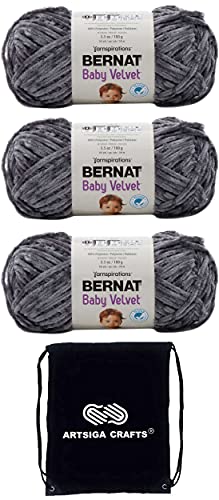 Bernat Baby Velvet Yarn Vapor Gray 164018-18024 (3-Skeins) Same Dye Lot Worsted Medium #4 Soft 99% Acrylic/1% Polyester Bundle with 1 Artsiga Craft Bag