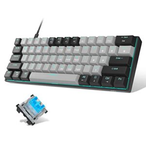 magegee 60% mechanical keyboard, gaming keyboard with blue switches and sea blue backlit small compact 60 percent keyboard mechanical, portable 60 percent gaming keyboard gamer(black grey)