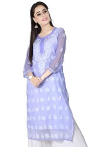 chandrakala hand embroidered chikankari kurti for women faux georgettte semi transparent indian ethnic tunic dress,x-large (k161pur4) purple