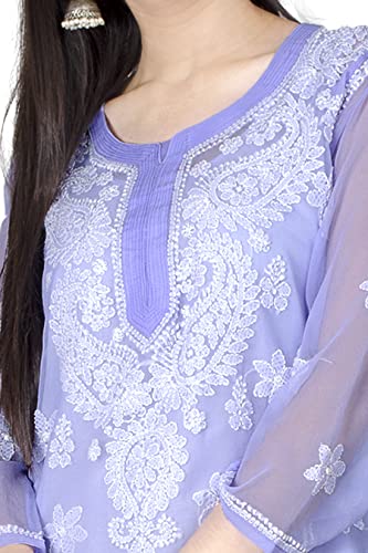 Chandrakala Hand Embroidered Chikankari Kurti for Women Faux Georgettte Semi Transparent Indian Ethnic Tunic Dress,X-Large (K161PUR4) Purple