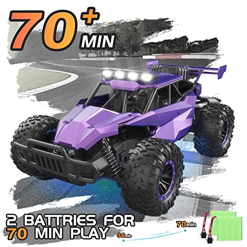 LARVEY 2WD 1:16 Scale Purple Remote Control Car, 20 Km/h High Speed Girls Monster Vehicle with LED Headlights and Chassis Lights, RC Cars for Boys and Adults